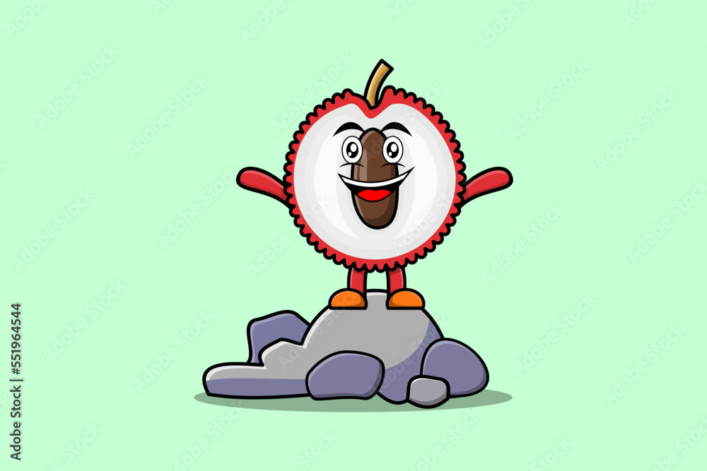 Cute cartoon Lychee character standing in stone vector illustration ...