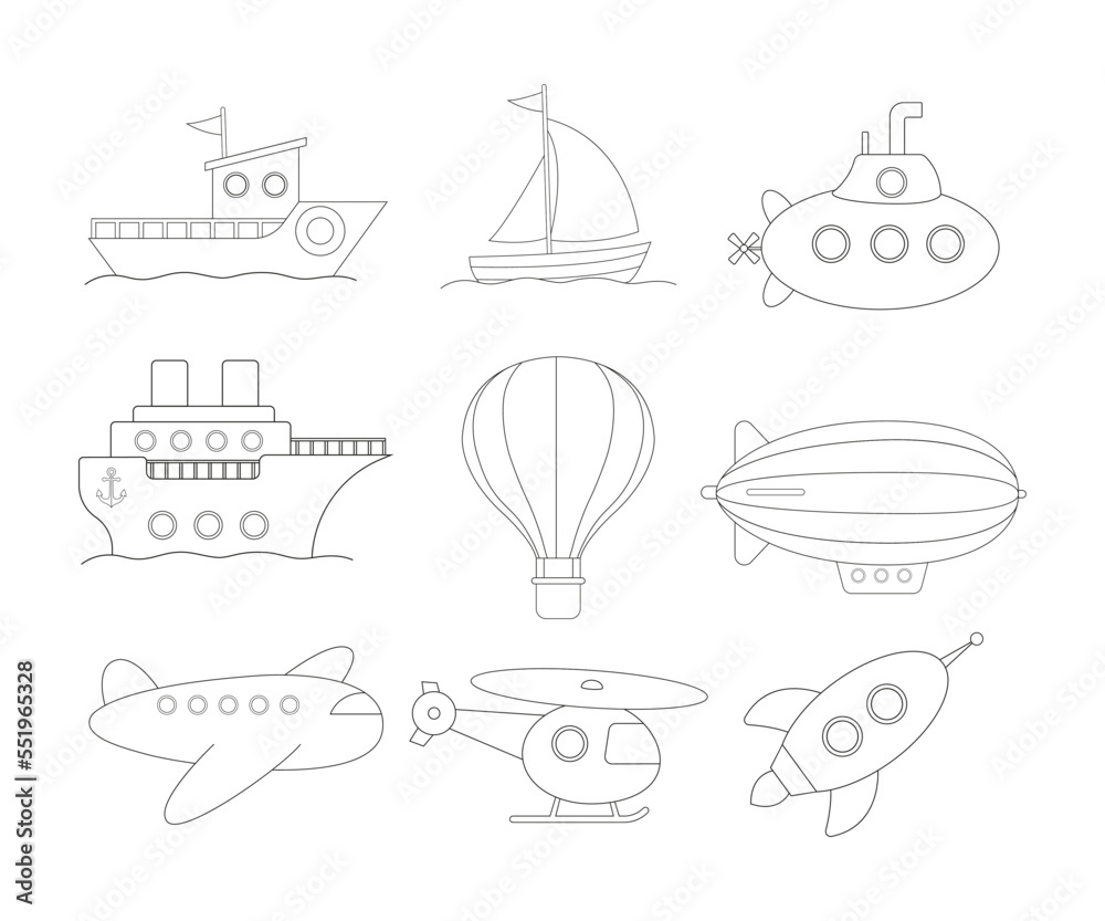 Different air and water transport vector doodles set. Hand drawn ship ...