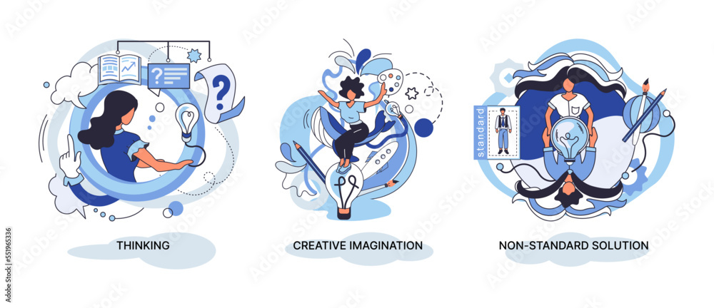 Creative thinking. People with different mental mindset types or model ...