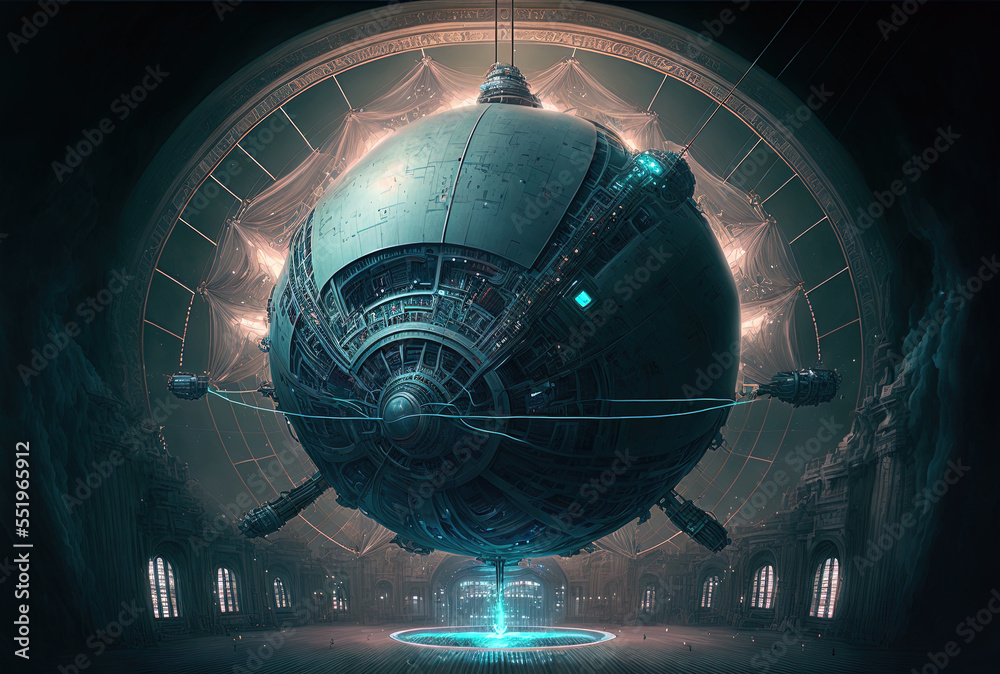 a futuristic energy pulsating ball with cables and laser equipped ...