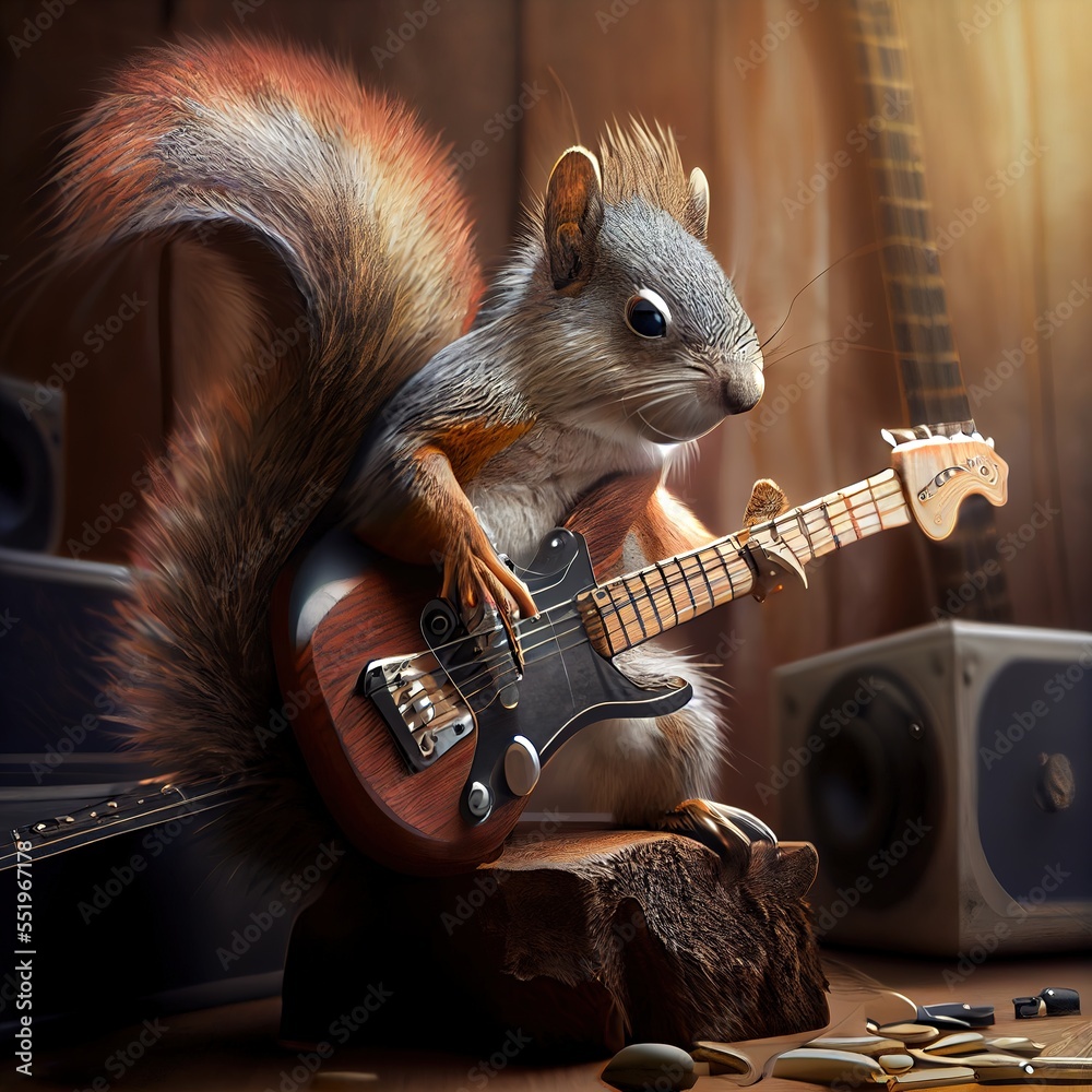Squirrel playing electric guitar. Photorealistic illustration generated ...