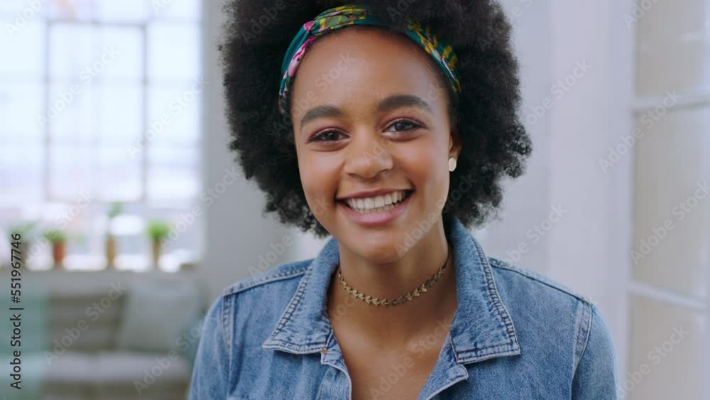 Black woman, smile and happy in a room in home in joy, relax and ...