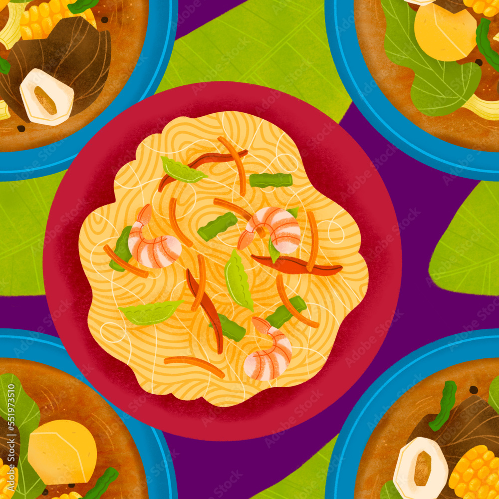 Filipino pansit bihon and bulalo on banana leaves illustrated pattern ...