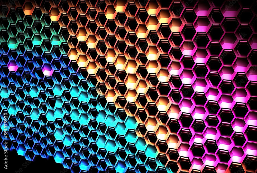 Wall of random neon honeycomb hexagons with changed colors as a large ...