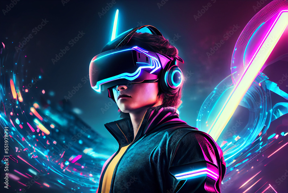 Teenage wearing VR headset on digital neon lights background image ...