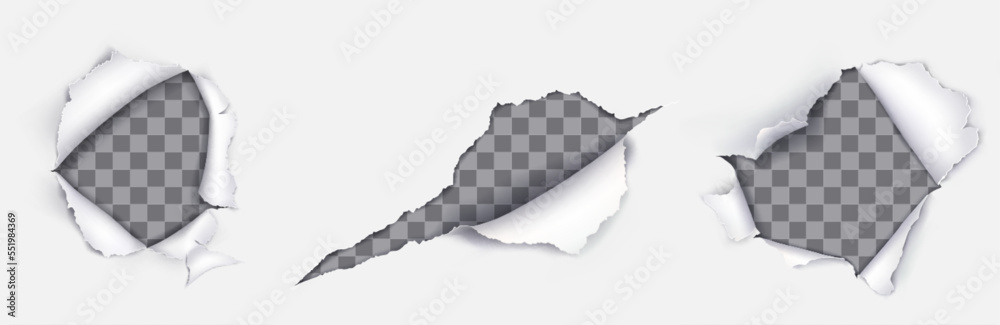 Paper torn rip frames, uneven holes with curly edges, white ragged ...