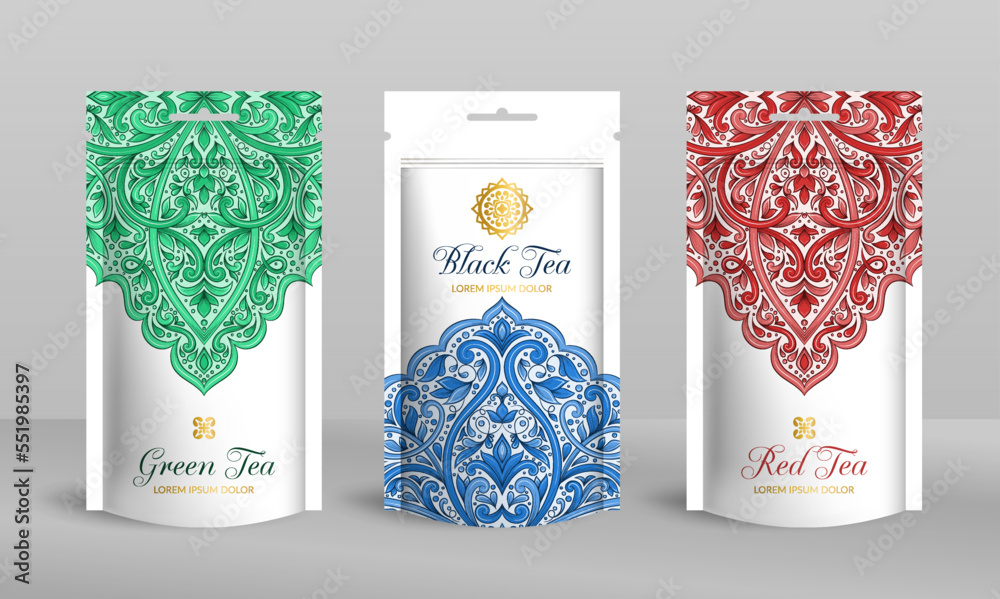 Tea packaging design with zip pouch bag mockup. Vector ornament ...
