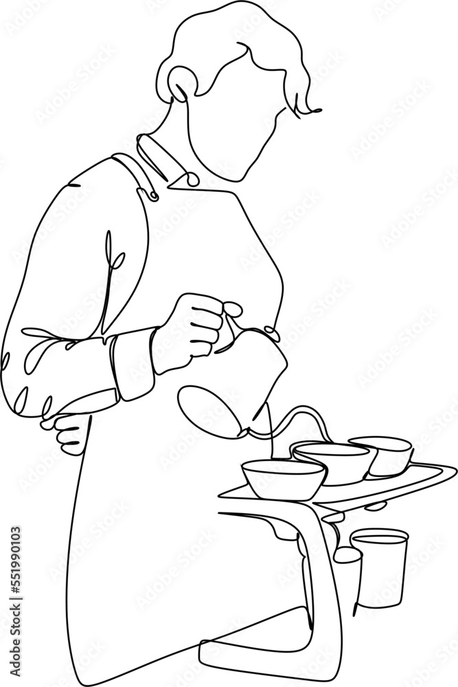 Vetor de Line art of barista pouring milk to coffee. Continue line ...
