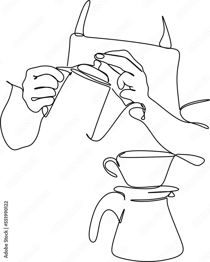Line art of barista pouring milk to coffee. Continue line drawing of ...
