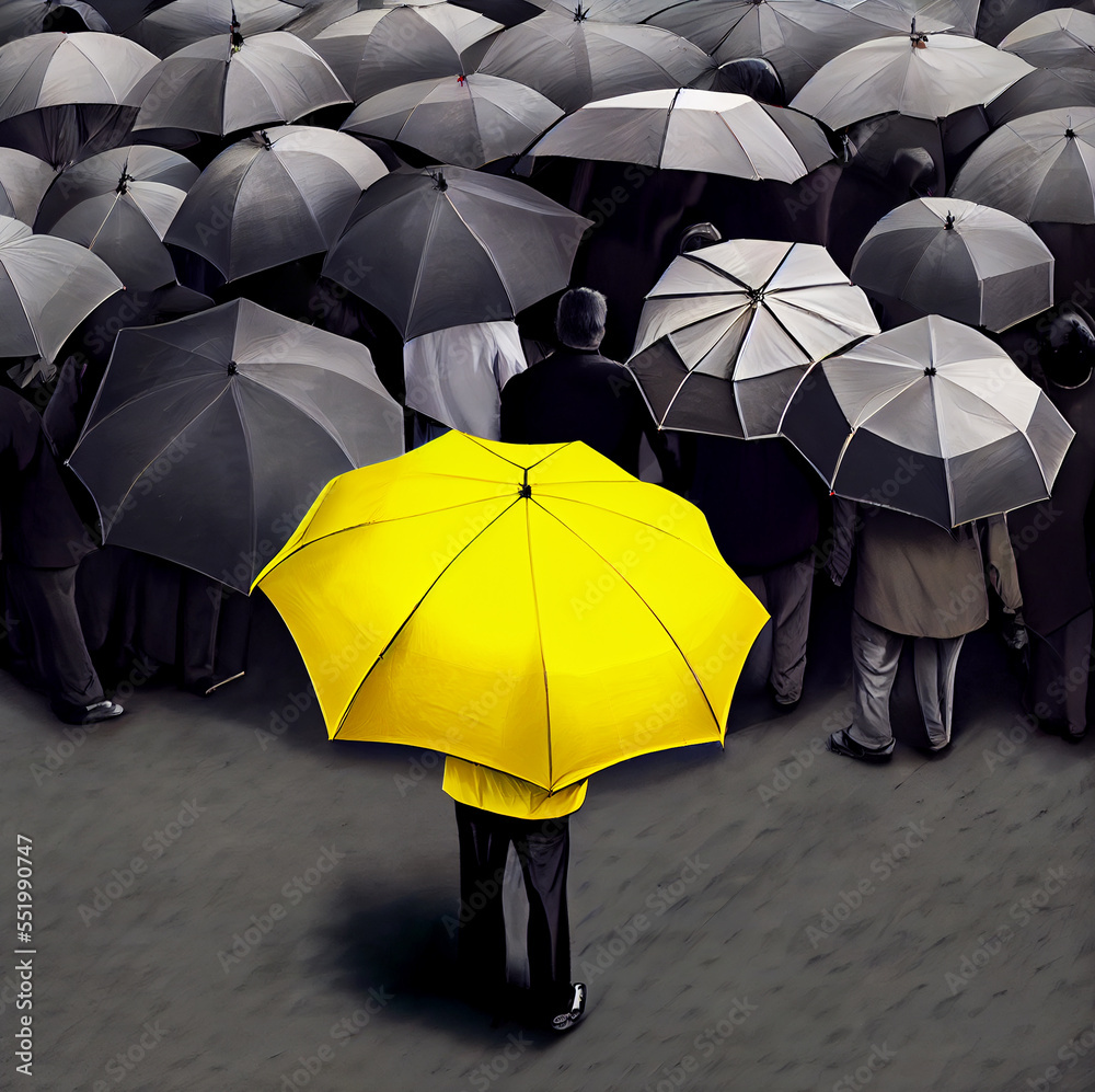 yellow umbrella over dark umbrellas on black background. The difference ...