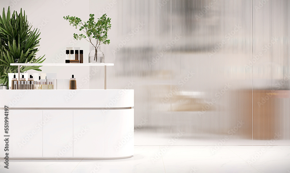 White glossy counter with skincare, cosmetic, treatment product in ...