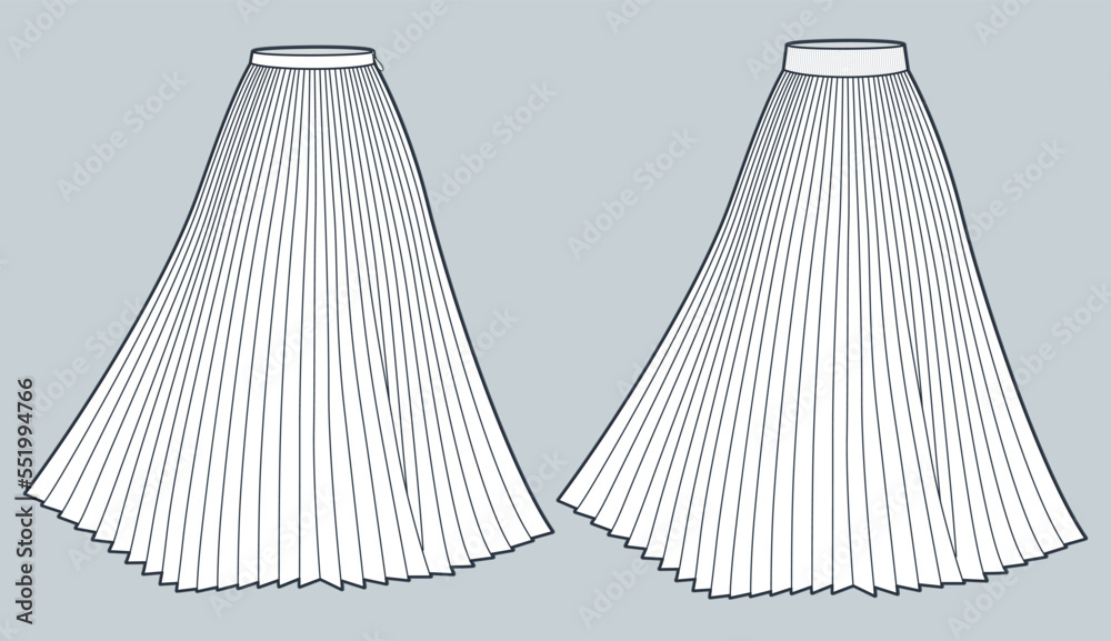 Set of Pleated midi Skirts technical fashion illustration. Women's ...