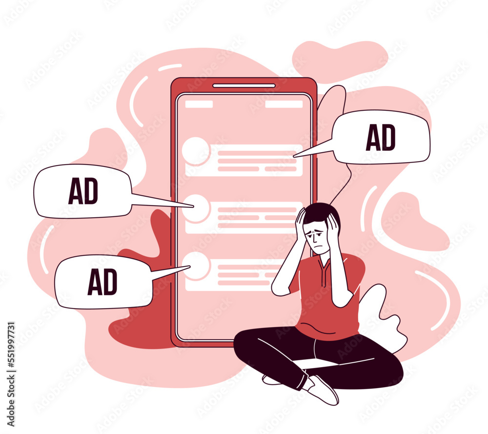 Annoying ads flat concept vector illustration. Overwhelmed man ...