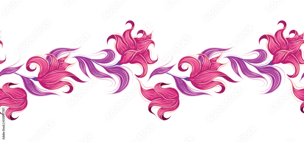 Vector horizontal border with fantastic flowers isolated from ...