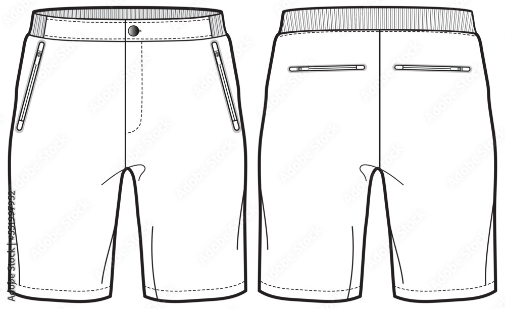 Men's Sports active running shorts front and back view flat sketch ...