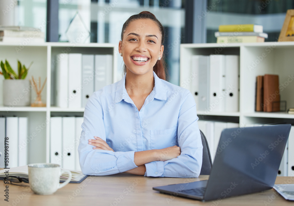 Portrait, office and business woman on laptop for corporate workplace ...