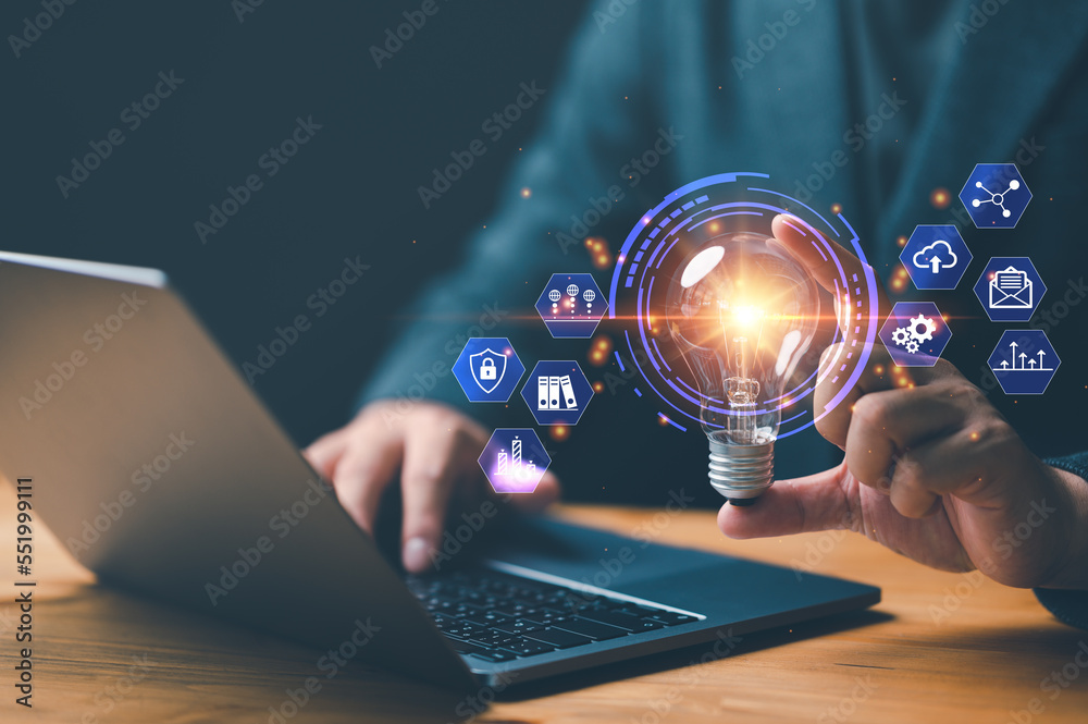 Hand holding Light bulb Global Internet connection. Business global ...