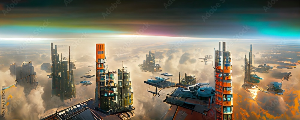 Sci-Fi concept art illustration of a cityscape with skyscrapers, towers ...