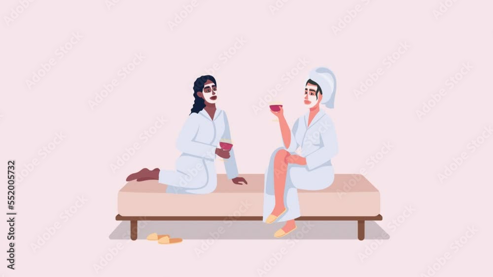 Animated skincare day characters. Beauty procedures with friend. Full ...