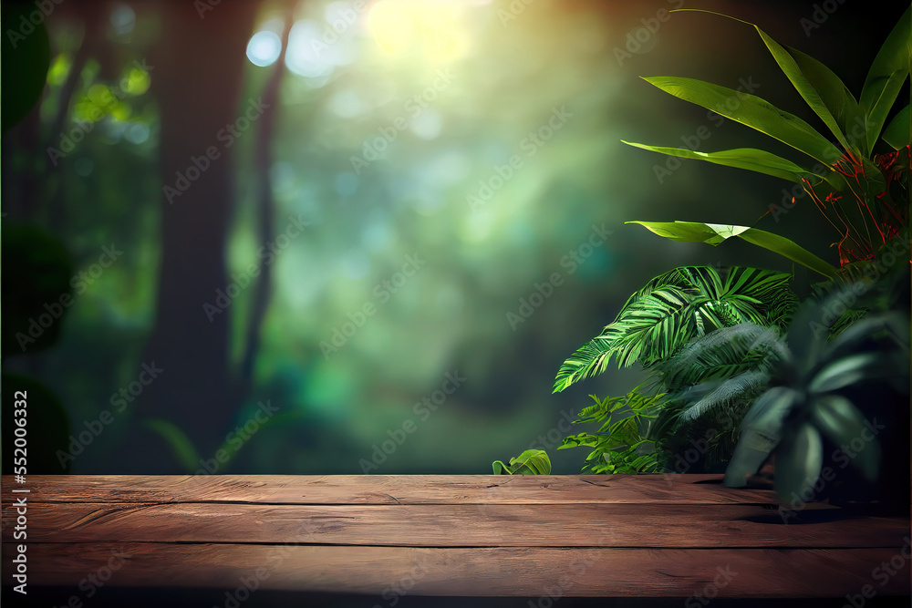 misty jungle background with empty wooden table for product display ...
