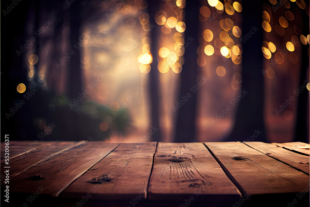 magical fantasy forest background with empty wooden table for product ...