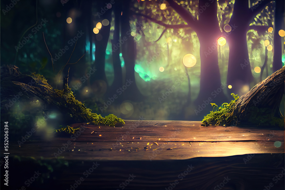 magical fantasy forest background with empty wooden table for product ...
