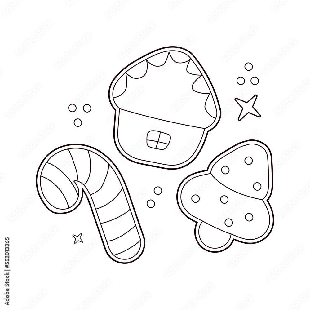 Christmas gingerbread cookies in sketch doodle style. Xmas tree, house ...
