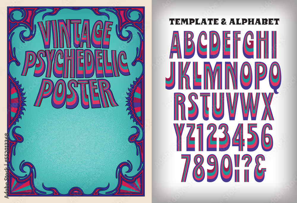 A psychedelic sixties poster template in vintage hippie style, with a ...