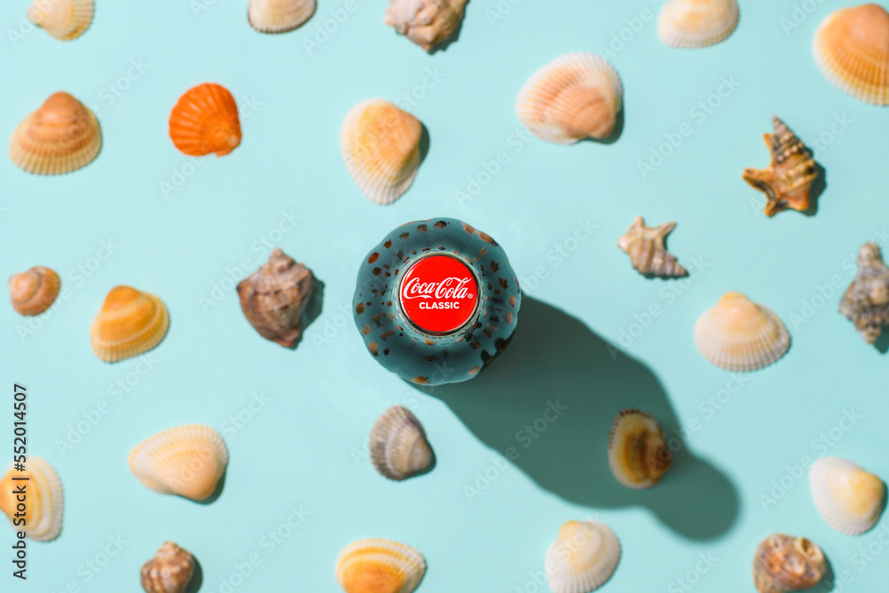 Vladimir-Russia, December 2022: Top view of a bottle of Coca-Cola ...