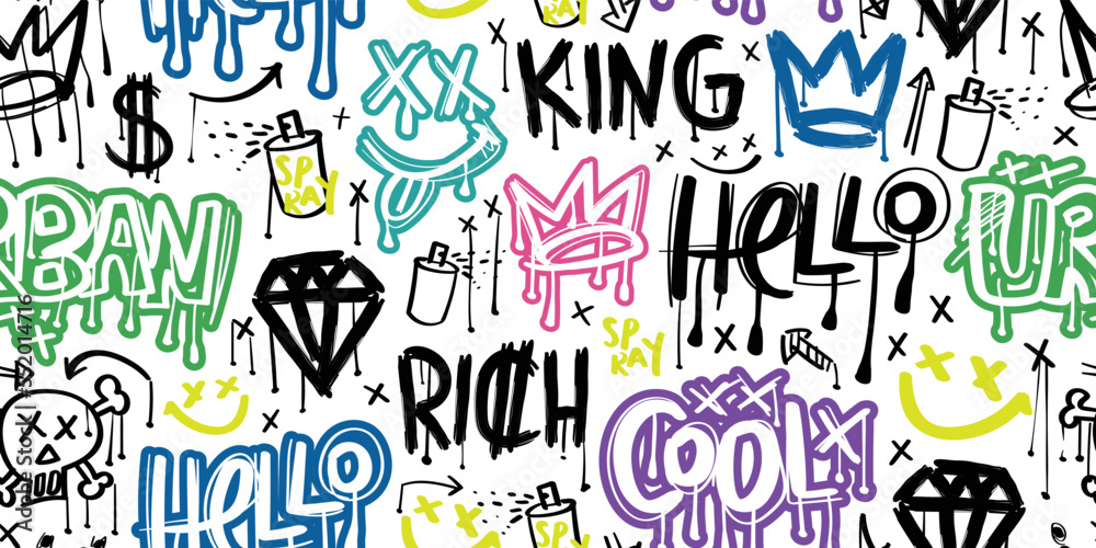 Graffiti style drawing elements and grunge texts. Seamless pattern ...