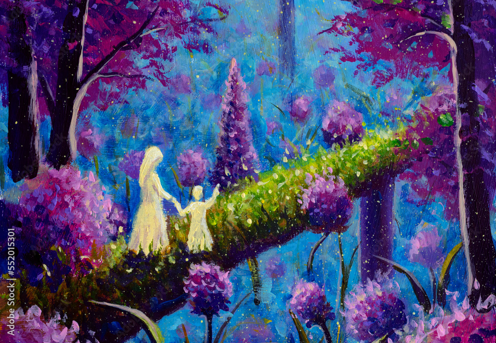 Fantasy Art Woman Mother With Daughter Girl Walks Along A Green Grassy