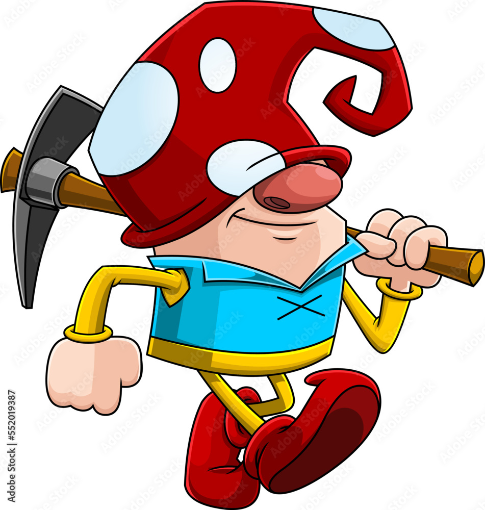 Funny Gnome Or Dwarf Cartoon Character Miner Walking With Pickaxe ...