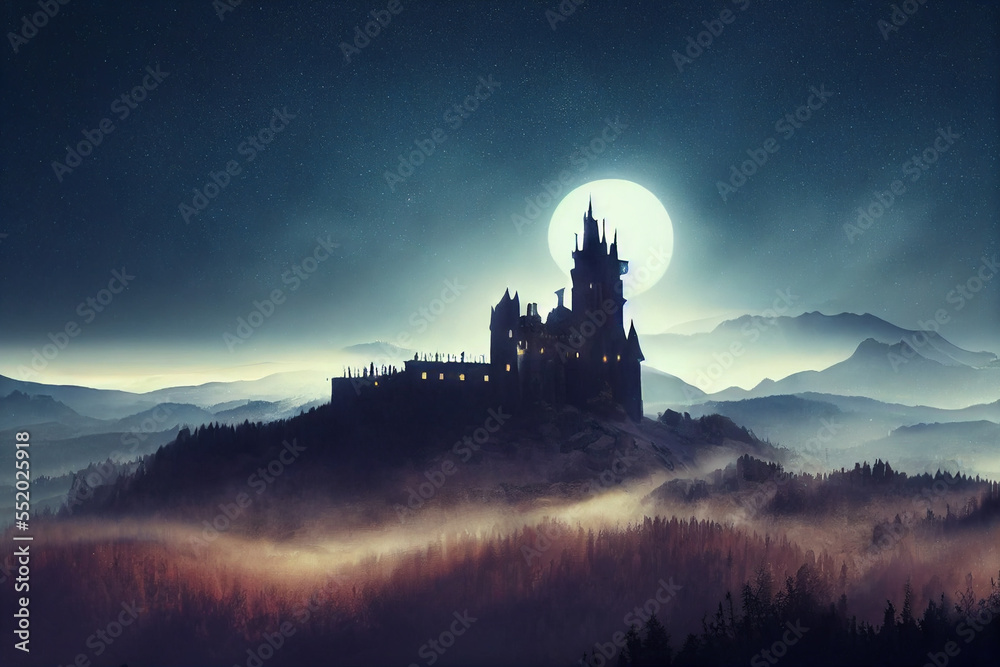 castle on the hill in foggy night background. Digital artwork. Stock ...