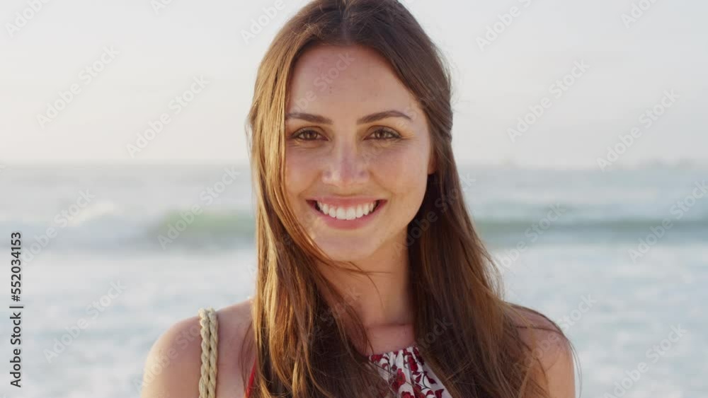 Portrait, woman and smile with at beach, summer vacation and travel on ...