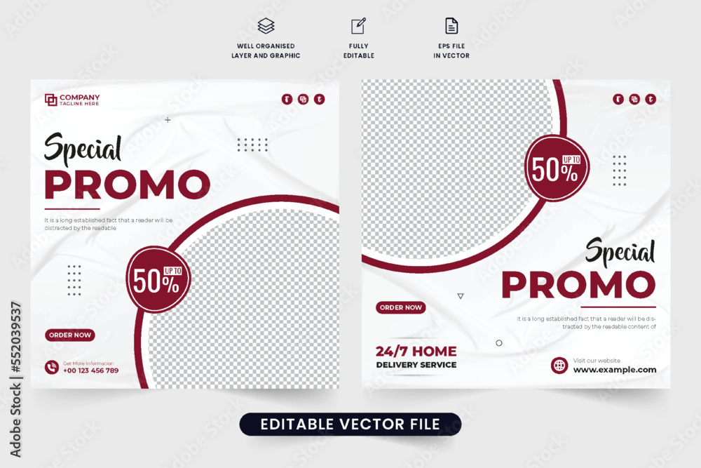Food promo template social media post vector with red wine color ...