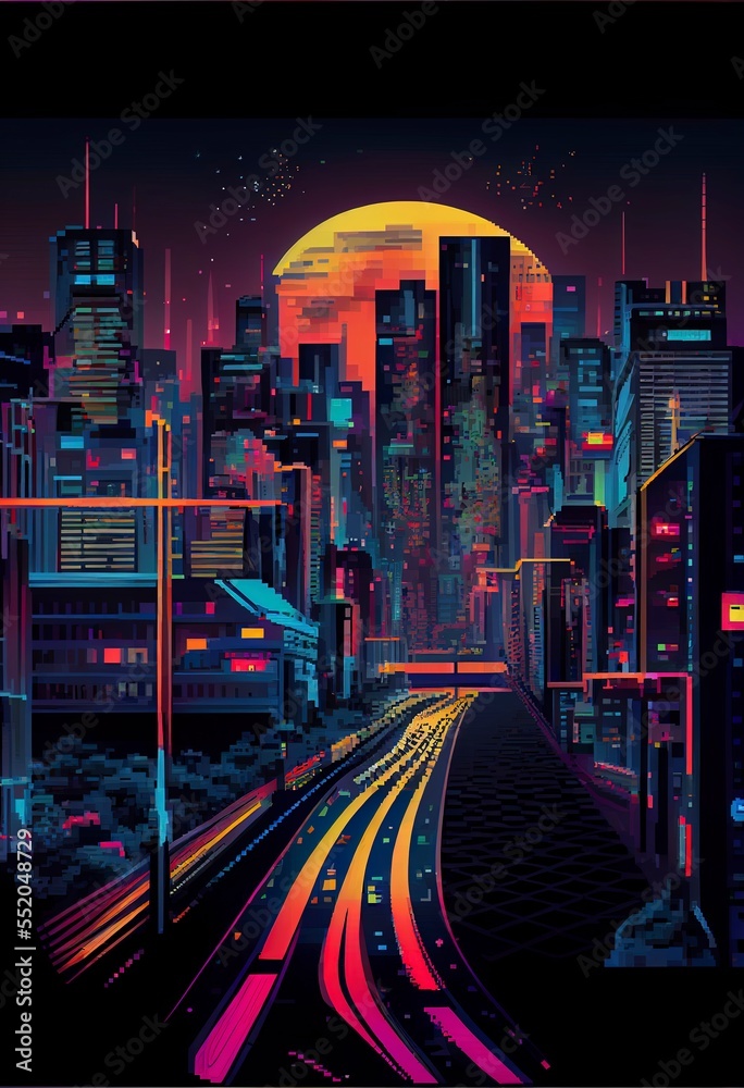 Cyberpunk neon city sunset scene with highway and large sun. Great as a ...