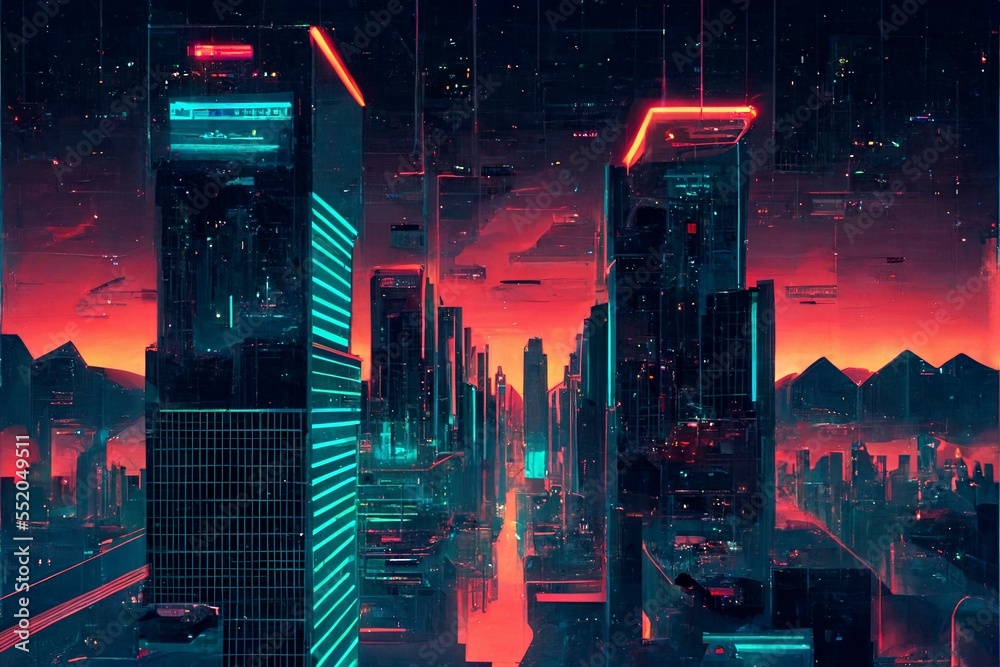 Cyberpunk neon city night scene. Great as a backdrop, wallpaper or to ...