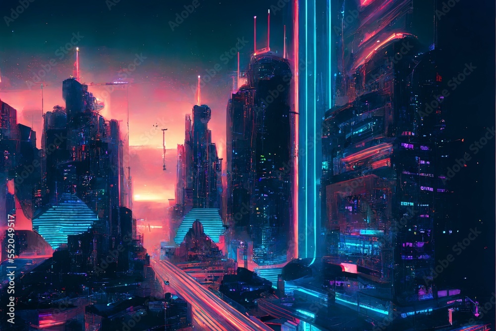 Cyberpunk neon city night scene. Great as a backdrop, wallpaper or to ...
