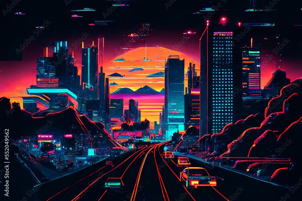 Cyberpunk neon city highway at night. Stock Illustration | Adobe Stock
