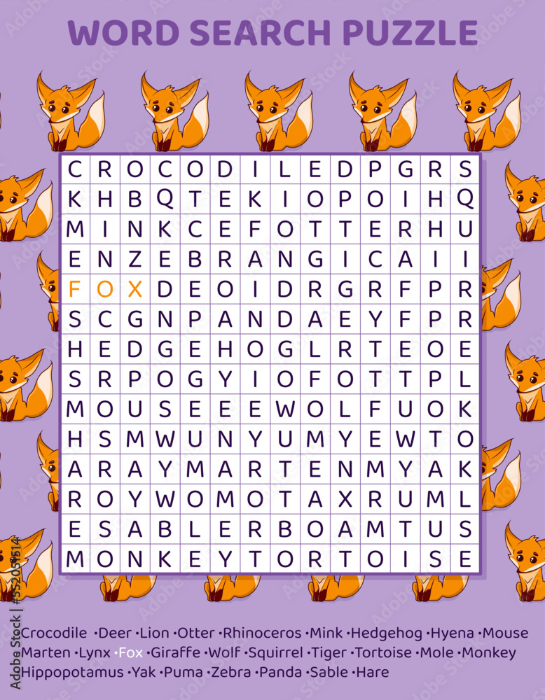 Word search puzzle for kids with wild animals. Stock Vector | Adobe Stock