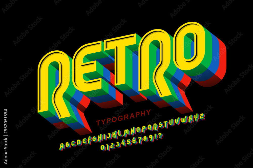 Retro style typography design, font alphabet letters and numbers vector ...