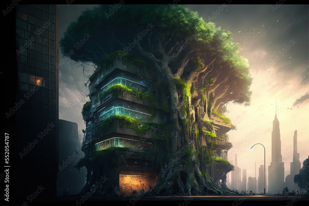 Tree and eco friendly building with vertical garden in modern city ...