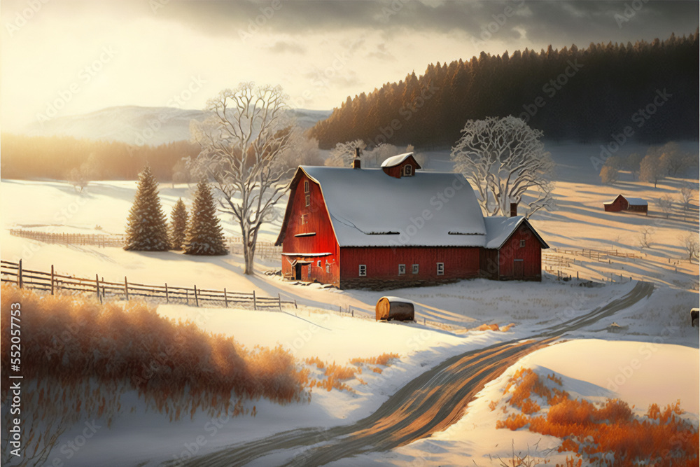 winter golden hour landscape with snow forest mountain river beautiful ...