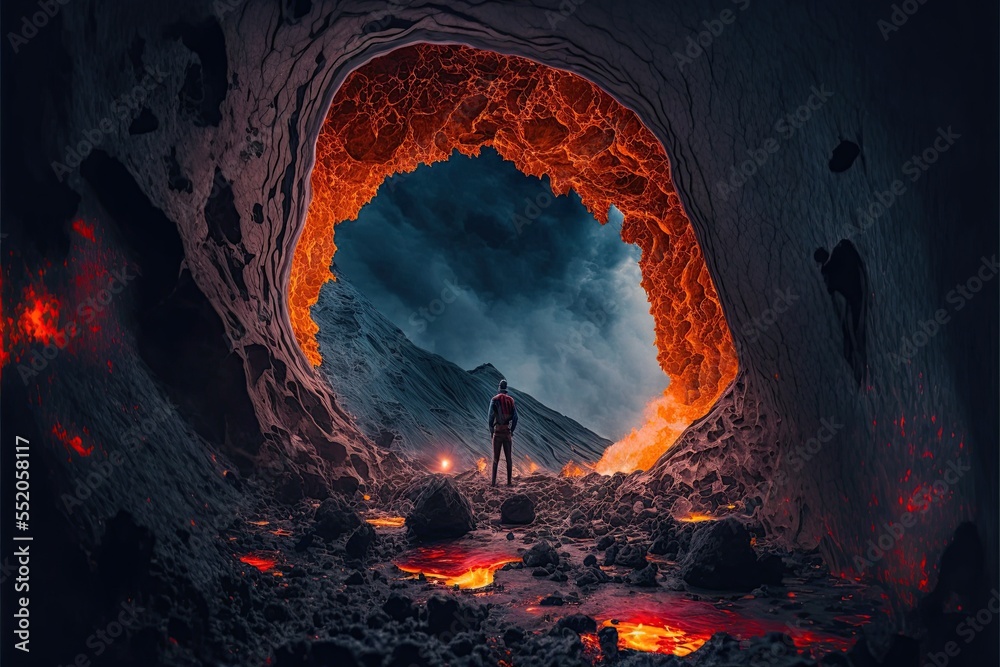 A man is surrounded by twisted pathways of lava that is hardened as a ...