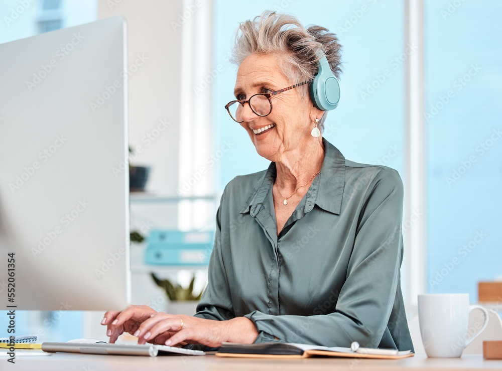 Elderly woman, computer and smile for typing, listening to music or ...