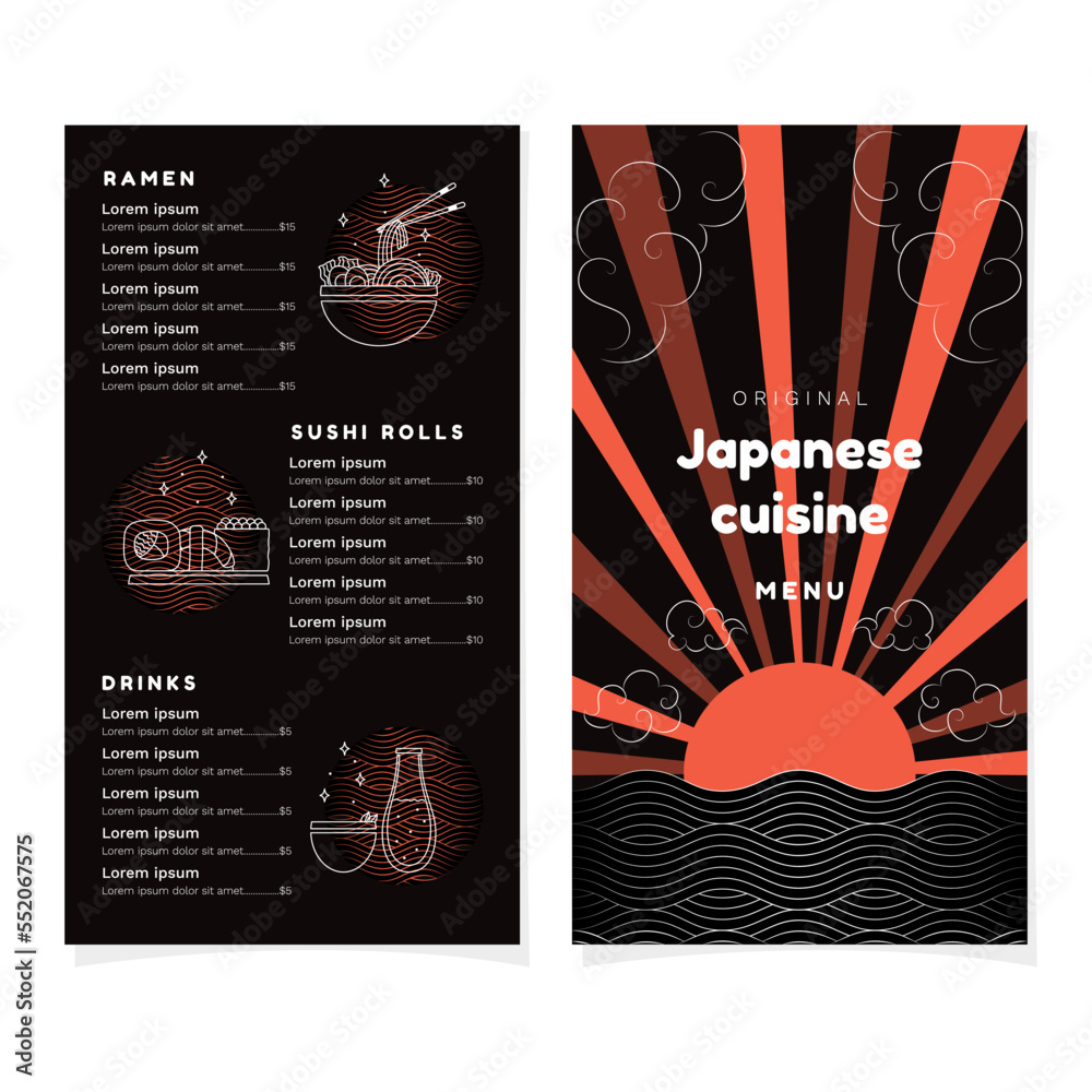 Japanese cuisine menu, Minimalist restaurant menu, modern Japanese ...