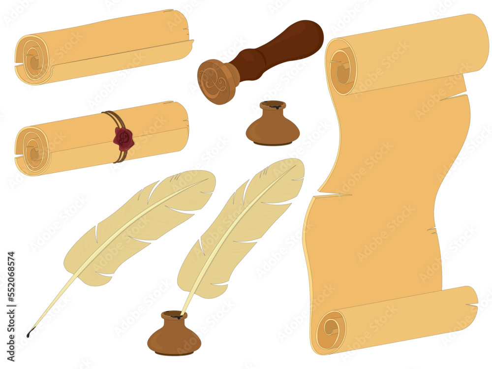 Paper scroll and writing supplies collection vector illustration Stock ...