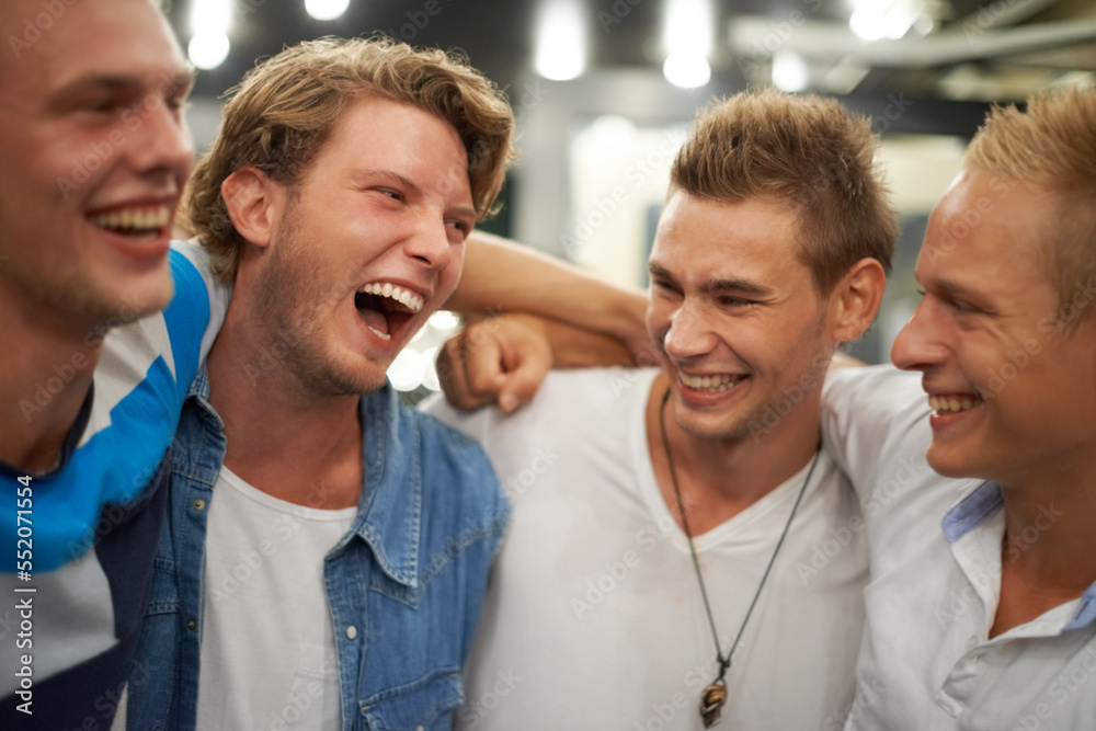 Happy, men and friends hug at event with excited smile for group ...