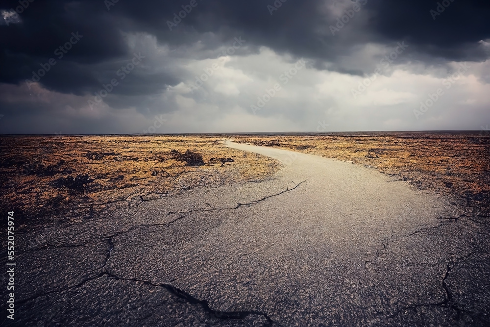 An old curved concrete road with cracks and dry vegetation. Stormy post ...