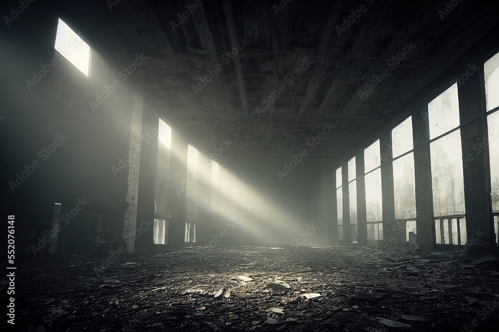 Old warehouse with light rays shining through the windows. Concrete ...
